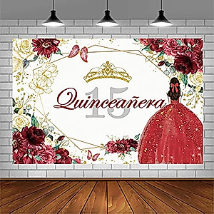 Sendy 7x5ft Quinceanera 15th Birthday Backdrop for Sweet Girl Mis Quince Anos Party Decorations Red and Gold Glitter Floral Crown Butterfly Banner Photography Background Cake Table Props