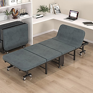 LEAIJIAFY Foldable Bed Sleeping Cot with Casters and 1.57" Latex Mattress,Temporary Bed Guest Rollaway Bed with Adjustable Backrest,Sturdy Metal Bed Frame,for Lunch Break Nap,Black,74.80" *23.62"