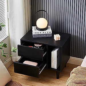 TUKAILAi Modern Nightstand with 2 Drawers, Open Storage & Solid Wood Legs, Bedside Table Cabinet Storage Unit for Bedroom (Black)