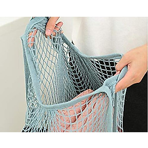 6 Pack Portable,Reusable,Reusable Produce Bags,Washable Cotton Mesh String Organic Organizer Shopping Handbag Long Handle Net Tote (grey blue,Black,Beige,Pink,Purple,Yellow)