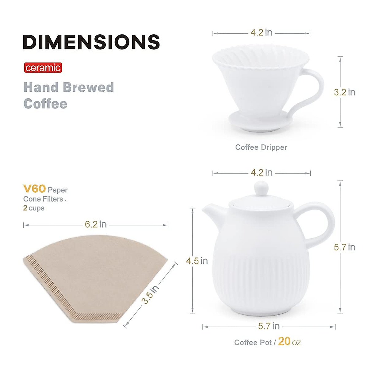 D'ORAMIE Pour Over Coffee Dripper Set ，Maker Ceramic Slow Brewing Coffee Set for Home, Cafe Restaurants Homewarming Gift Easy Manual Brew Maker Gift Strong Flavor Brewer Set