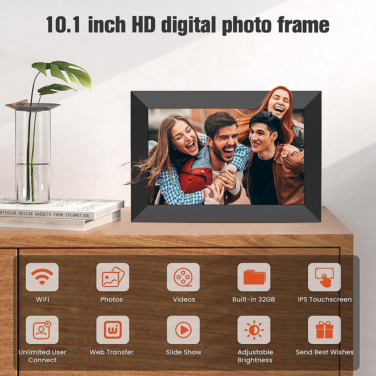 BIGASUO 10.1 Inch WiFi Digital Picture Frame, IPS HD Touch Screen Cloud Smart Photo Frames with Built-in 32GB Memory, Wall Mountable, Auto-Rotate, Share Photos Instantly from Anywhere-Great Gift