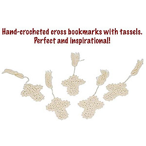 Home-X Ivory Crocheted Cross Bookmarks with Tassel-Religious Church Gifts and Bible Study Supplies-Set of 10-4"H x 3"W