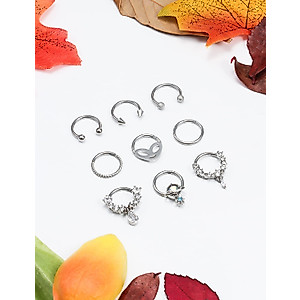 Vsnnsns 16G Septum Jewelry Septum Ring Piercing Jewelry Septum Clicker Ring and Horseshoe Barbell Stainless Steel Septum Nose Rings Hoop for Men Women Silver 10mm 9pcs