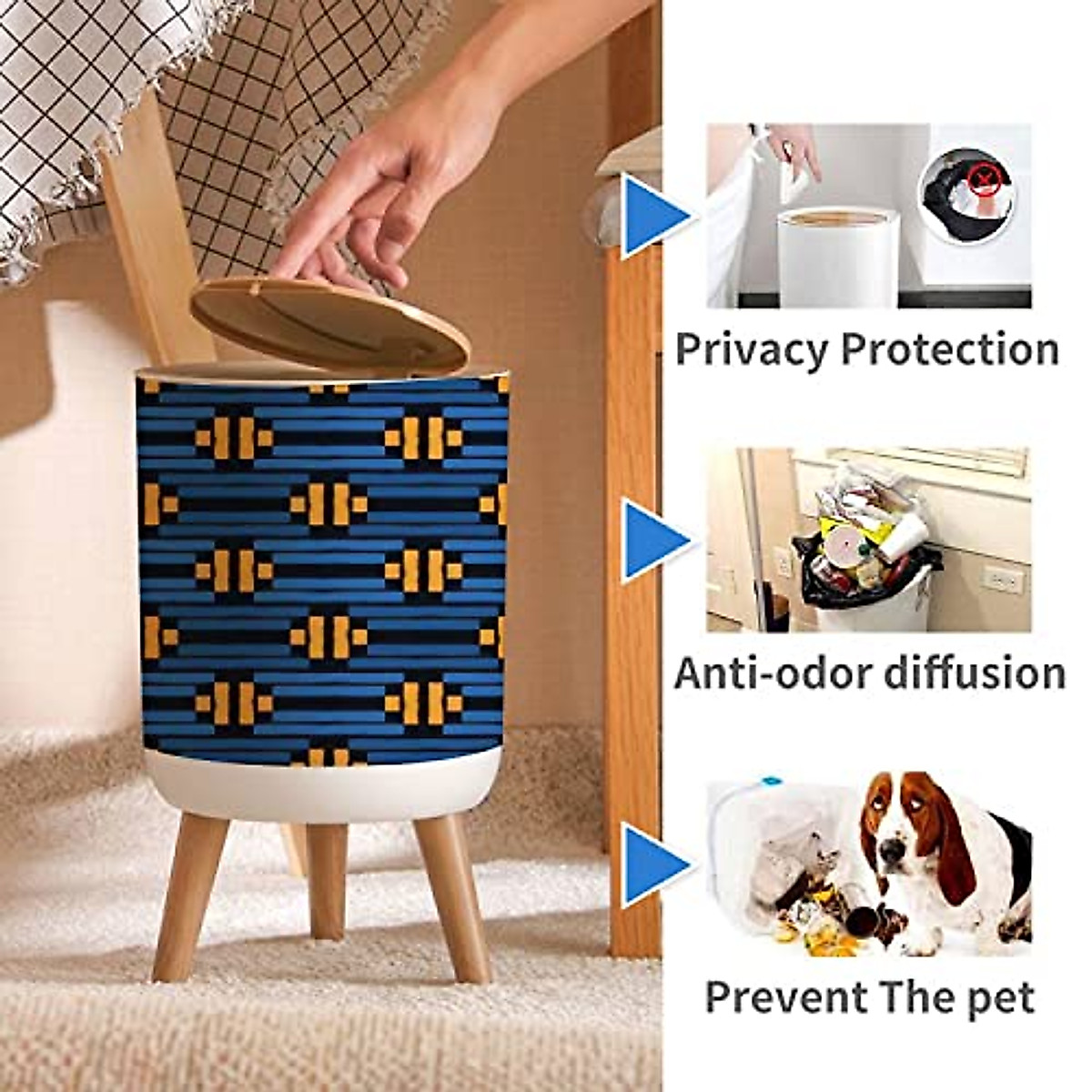 Trash Can with Lid Ethnic Motif Handdrawn Print Paint Brush Strokes Geometric Seamless Wood Small Garbage Bin Waste Bin for Kitchen Bathroom Bedroom Press Cover Wastebasket 7L/1.8 Gallon