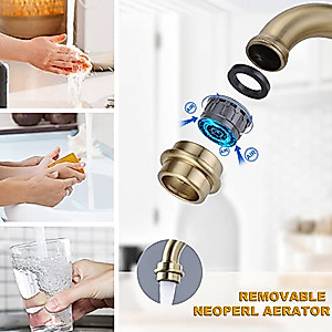WOWOW Brass Kitchen Faucet Bridge with Side Sprayer, 4 Hole Kitchen Faucet 2 Handle 8 Inch Centerset Gold Faucet for Kitchen Sinks, Heritage Brushed Gold Kitchen Sink Faucet