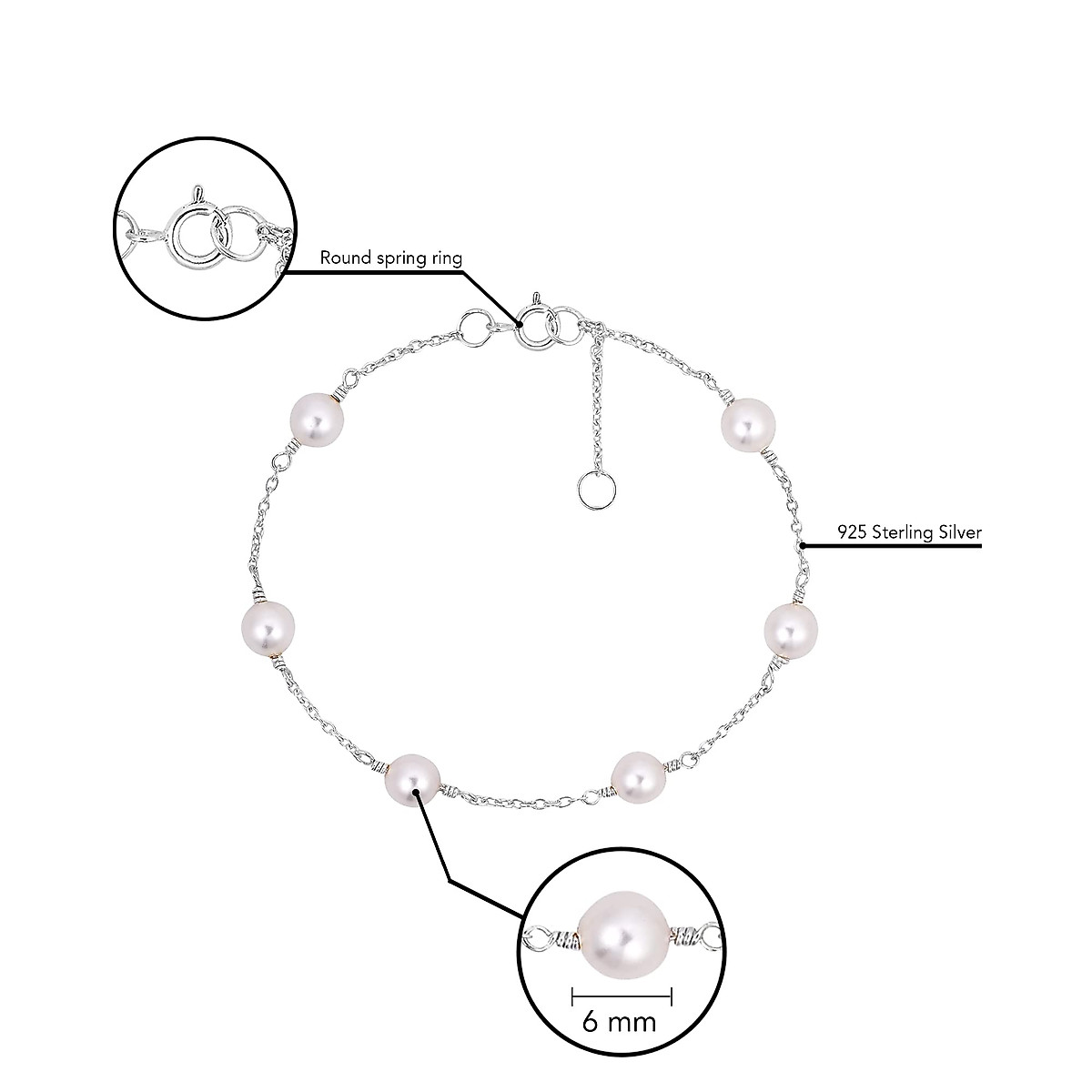 AeraVida Luminous Cultured Freshwater White Pearl Sterling Silver Chain Link Adjustable Bracelet - 7inches Length