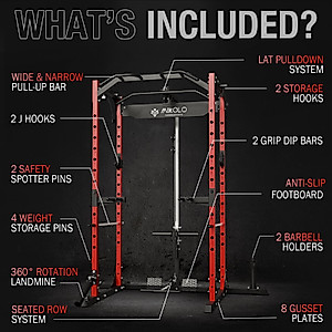 Mikolo Power Cage, Power Rack with LAT Pulldown, 1200 Pounds Capacity Workout Cage with More Training Attachments, Garage & Home Gym Package (Red)