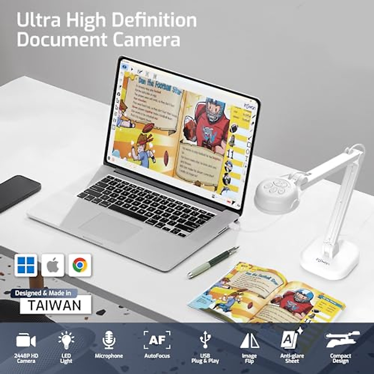 INSWAN INS-1 USB Document Camera — 8MP Ultra HD, Auto Focus, LED Light, Built-in Microphone, Mac OS, Windows, Chromebook Compatible for Distance Learning, Remote Teaching, Web Conferencing, Live Demo