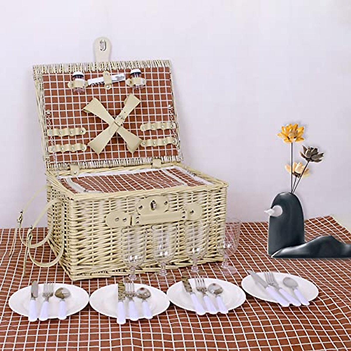 Willow Picnic Basket Set for 4 Person Wicker Hamper Sets with Picnic Blankets, Picnic Cutlery Service Kit, Insulated Cooler Compartment, Best Gifts for Couples, Family, Camping,Outdoor Party - Brown