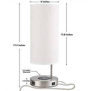 Wireless Charger Table Lamp, Bedside Lamp with USB Port and Wireless Charging Pad, Nightstand Lamp with Round Flaxen Fabric Shade for Bedroom Living Room College Dorm Office, Satin Nickel