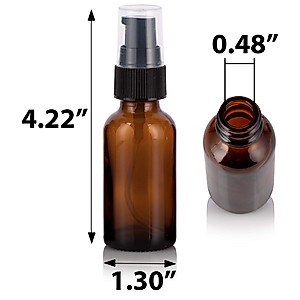 JUVITUS 1 oz / 30 ml Amber Glass Boston Round Bottle with Black Treatment Pump (12 pack) + Funnel Refillable Empty Storage Containers