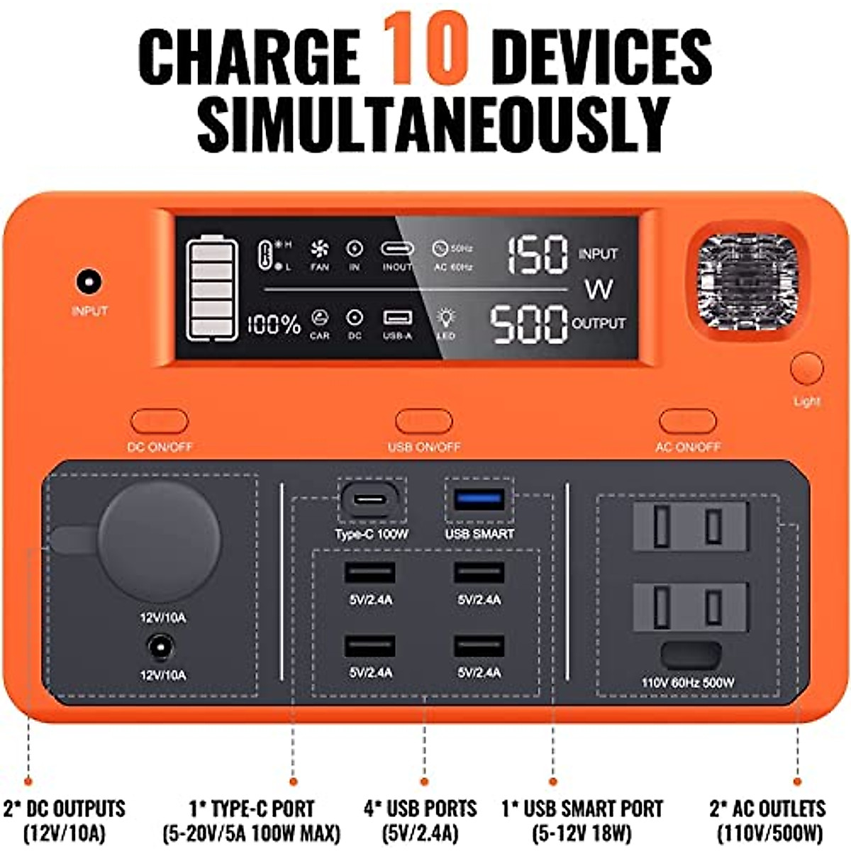DBPOWER Portable Power Station 505Wh 500W (Peak 1000W) Outdoor Generator Mobile Lithium Battery Pack with 110V AC Outlet (Solar Panel Not Included) SOS LED for Road Trip Camping Outdoor Adventure