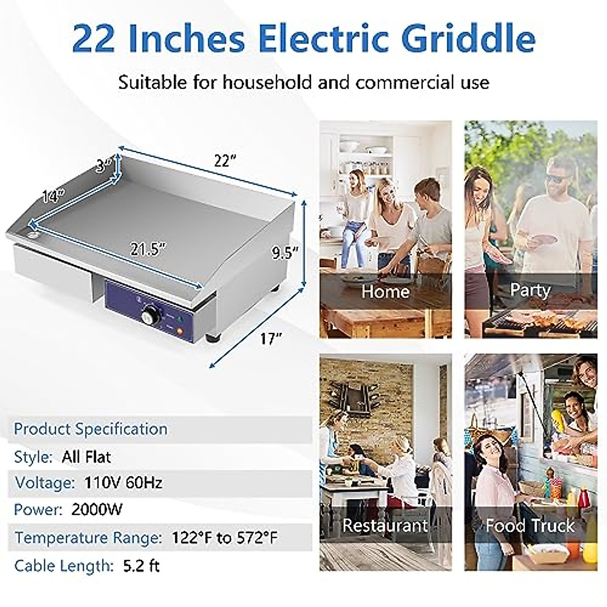 KOTEK Commercial Electric Griddle, 2000W 22” Flat Top Griddle, Stainless Steel Frame & Drip Tray, Adjustable Temperature Control 122℉-572℉, Countertop Teppanyaki Grill for Home, Kitchen, Restaurant