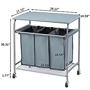 HollyHOME Laundry Sorter Cart with Side pull 3-Bag Ironing Board Heavy-Duty 4 Wheels Laundry Hamper Blue Grey
