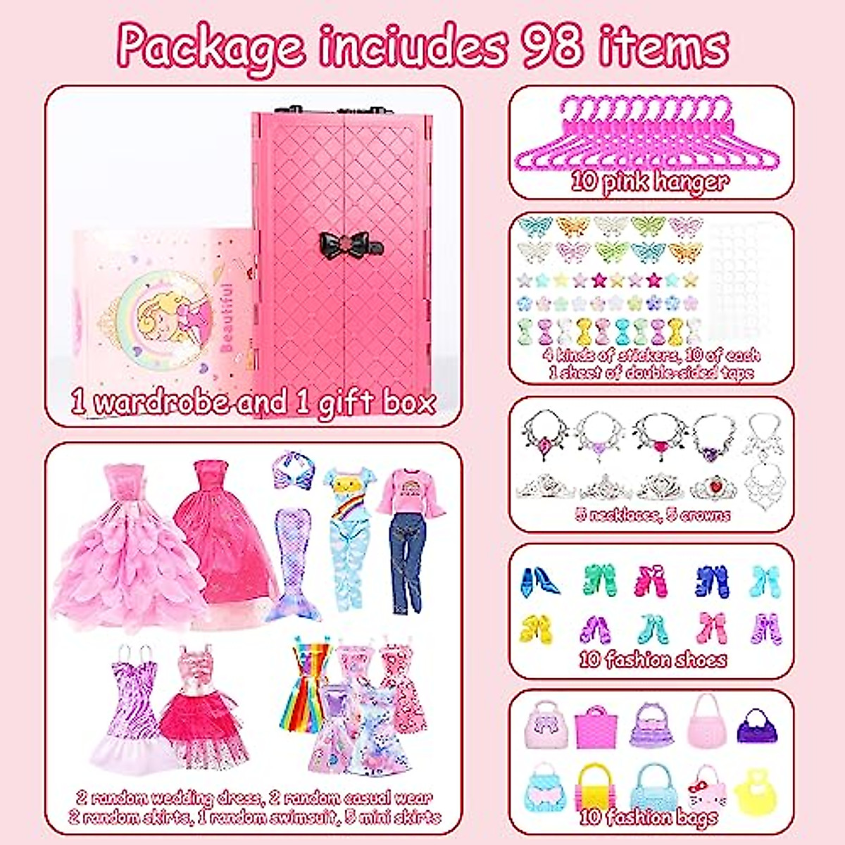 98 Pack Doll Clothes and Accessories with Closet Wardrobe DIY Playset for 11.5 Inch Doll Including Wedding Dress Fashion Dress Casual wear Swimsuit Shoes Hangers Necklace Bags (11.5inch)