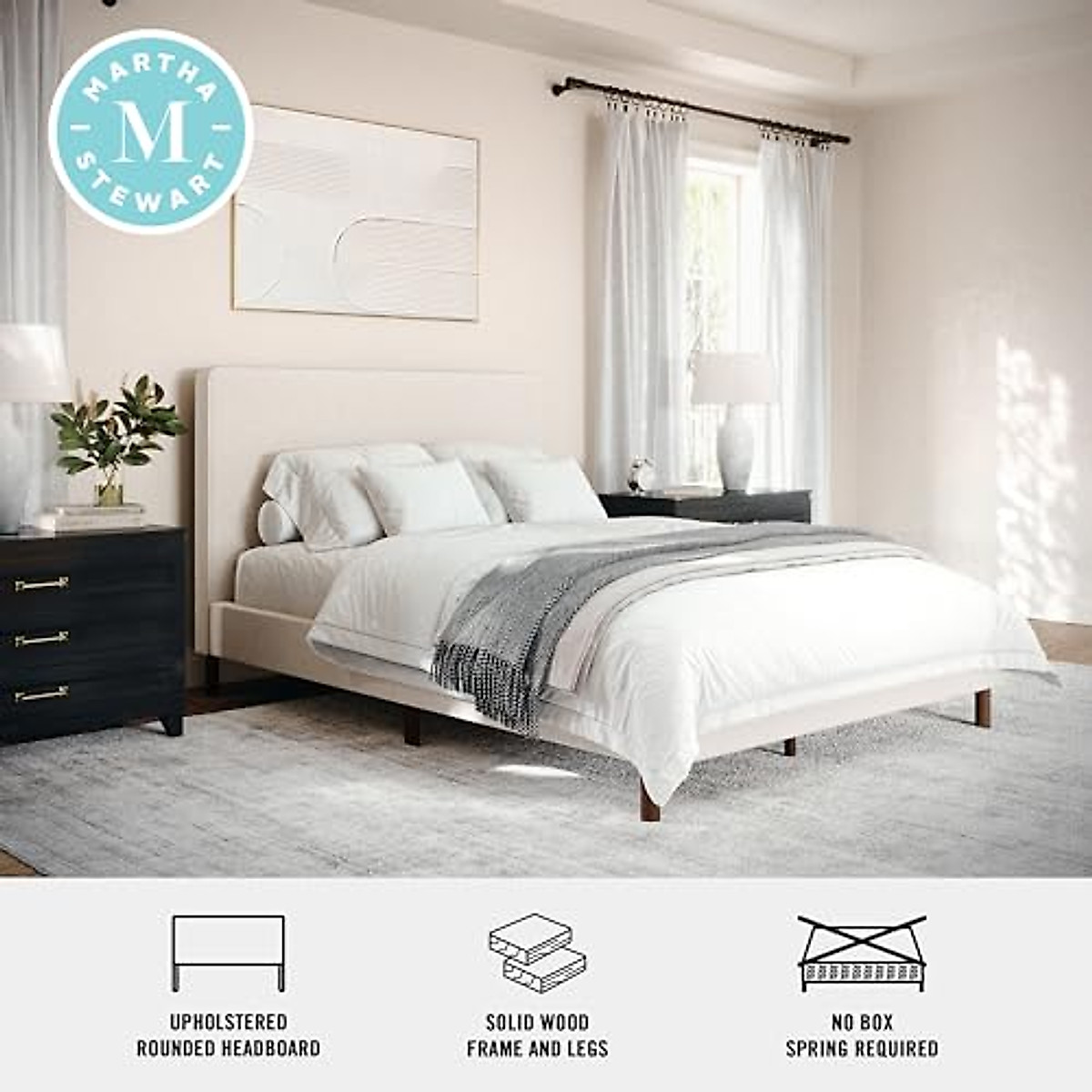 Martha Stewart Britta Platform Bed with Headboard & Footboard, Faux Linen Upholstery with Piping Detail, Rounded Headboard, No Box Spring Needed, Full, Beige