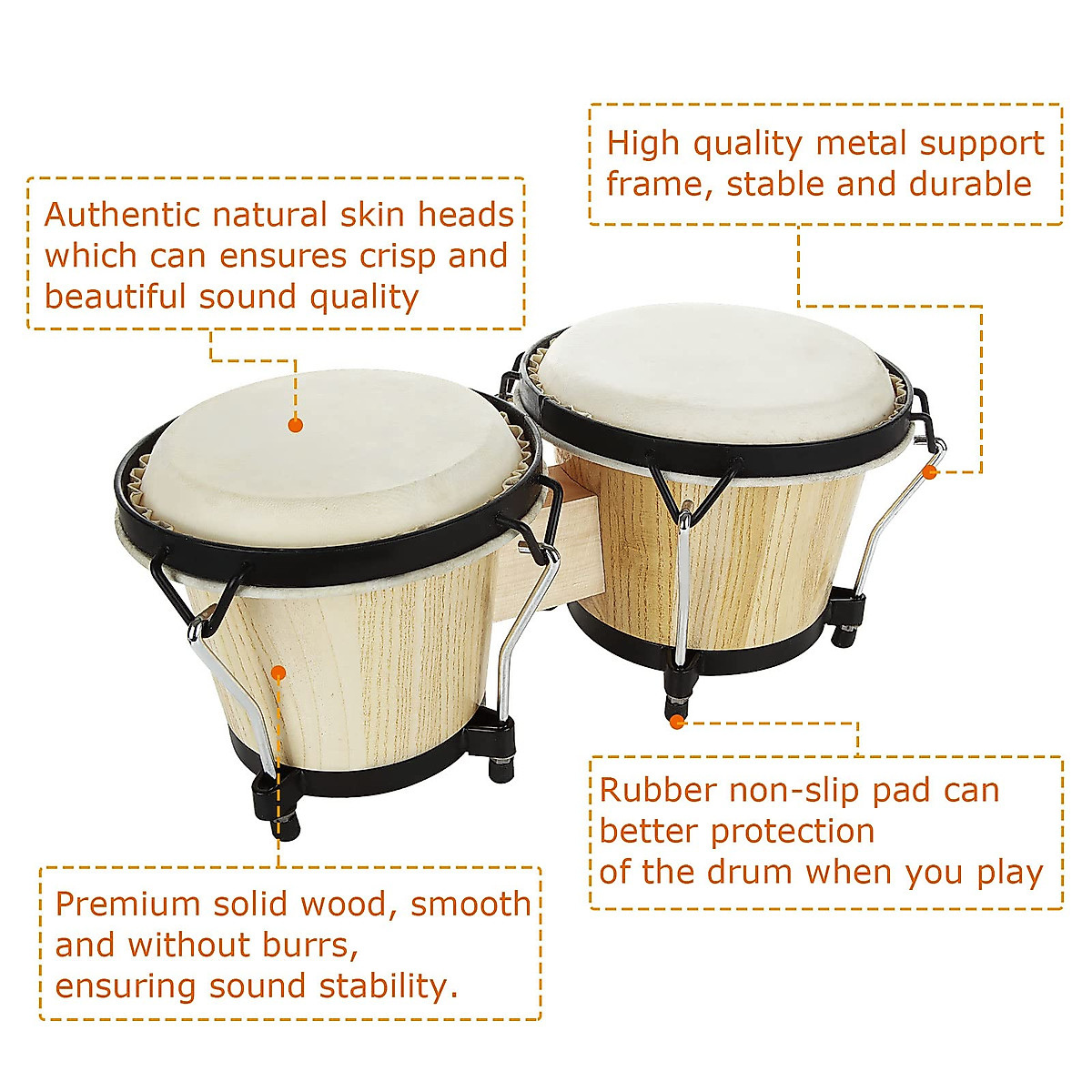 Bongo Drums 2 Set 6" and 7" Drum Set Bongos for Adults, Musical Latin Percussion Instruments Traditional Wood Bongos with Tuning Wrench