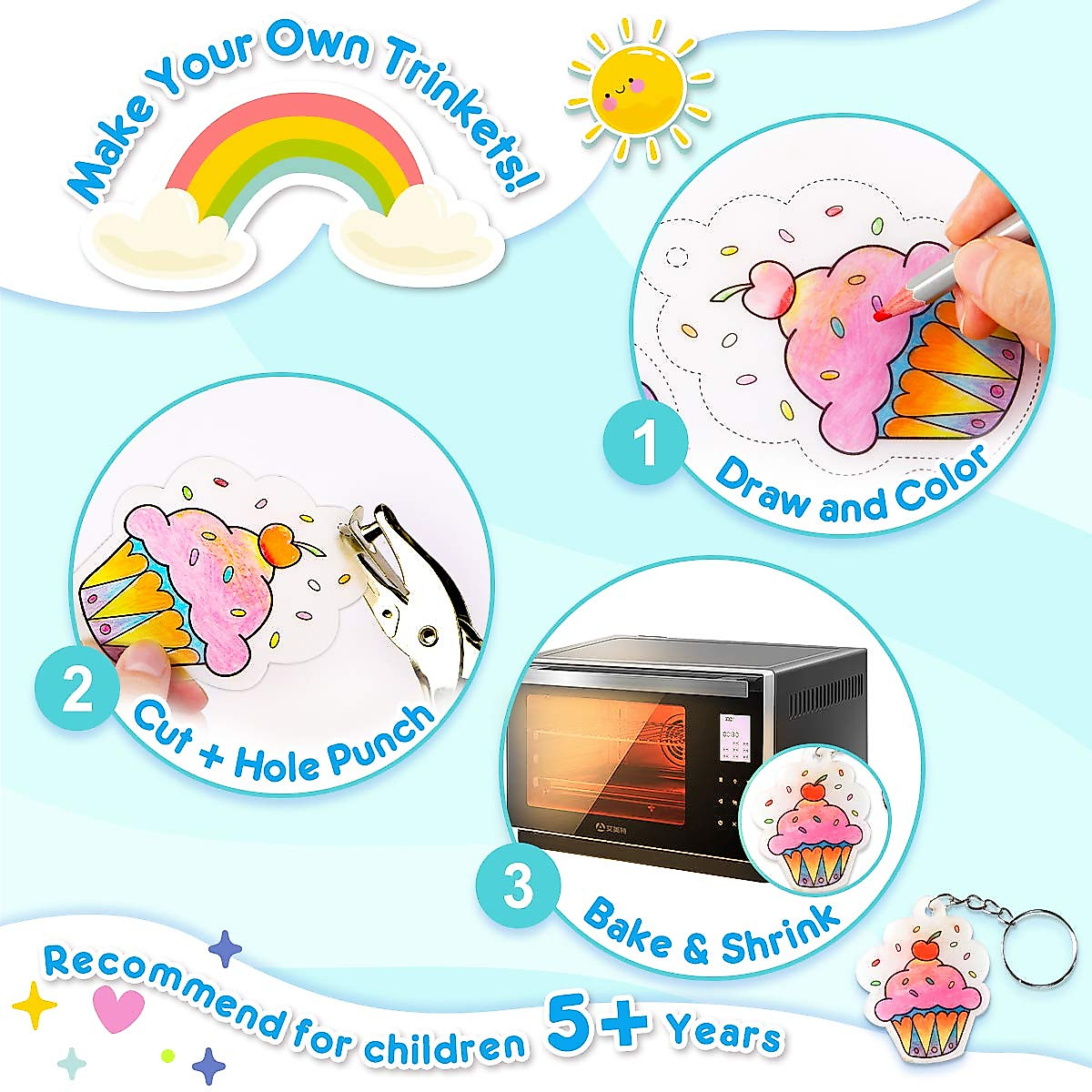 Mocoosy Shrink Plastic Kit for Shrinky Dinks, 148PCS Heat Shrinky Art Sheets for Kids, Clear Frosted Shrink Paper Include Shrinkable Films & DIY Keychain Earring Making Accessories Craft Activity Set