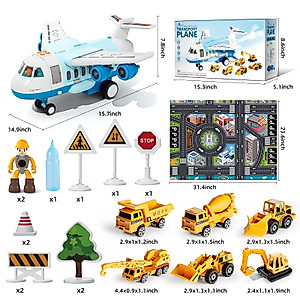 Transport Cargo Airplane, Large Theme Airplane Toy Set, Educational Toy Vehicle Play Set with Smoke Sound and Light, Fricton Powered Plane with Mini Cars and Men, Birthday Gift for Boys and Girls