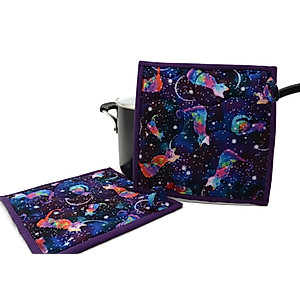 Colorful Cats in Space Pot Holders - Set of 2-8 Inch Square Cotton Fabric in Blue, Purple and White