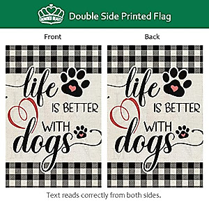 CROWNED BEAUTY Life Is Better with Dogs Garden Flag 12x18 Inch Double Sided Buffalo Plaid Outside Pet Welcome Yard Farmhouse Decor CF502