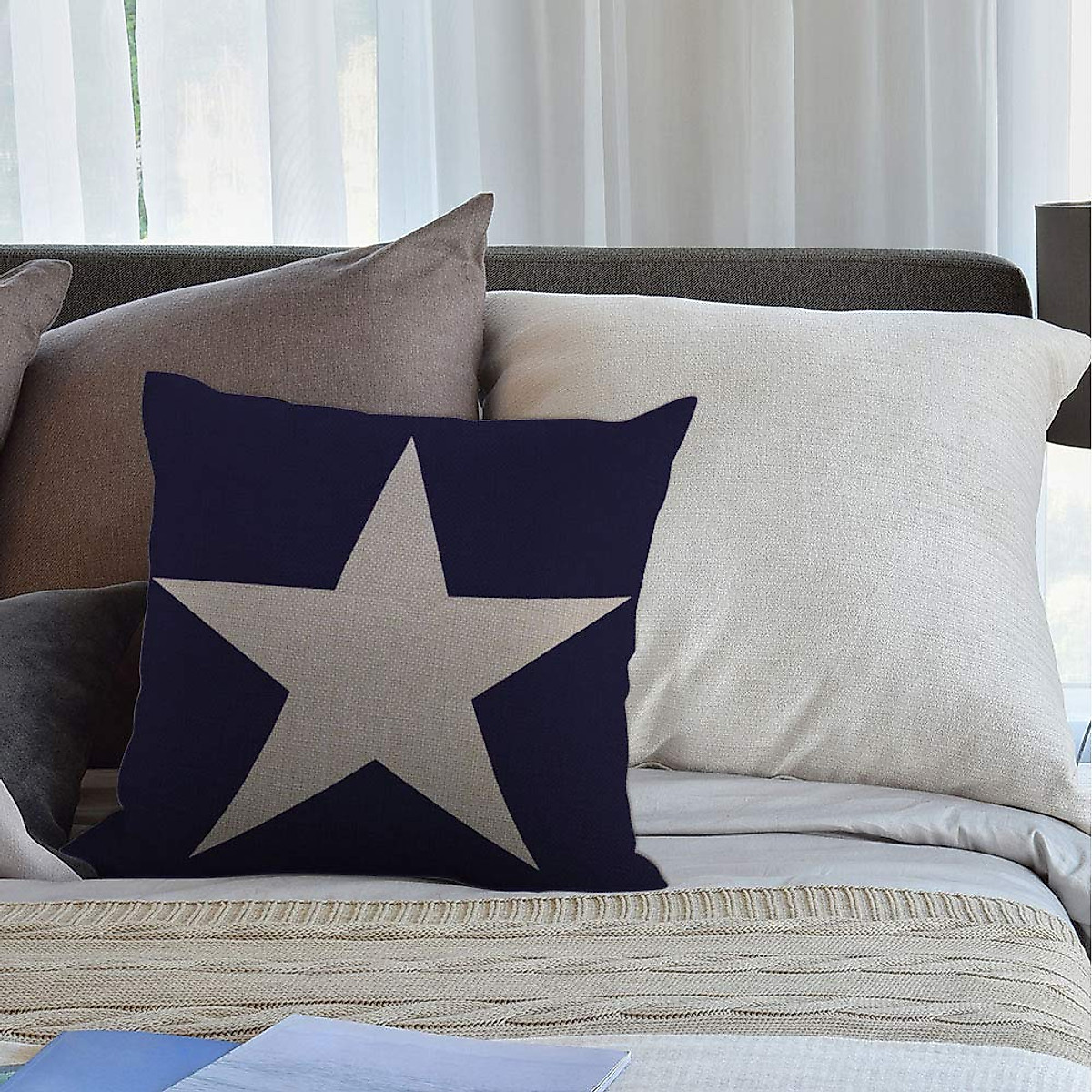 HGOD DESIGNS Blue Star Throw Pillow Cover,Abstract USA Star Design on The Blue Background Decorative Couch Sofa Bedroom Burlap Pillow Cases for Men/Women Room 18x18 Inch