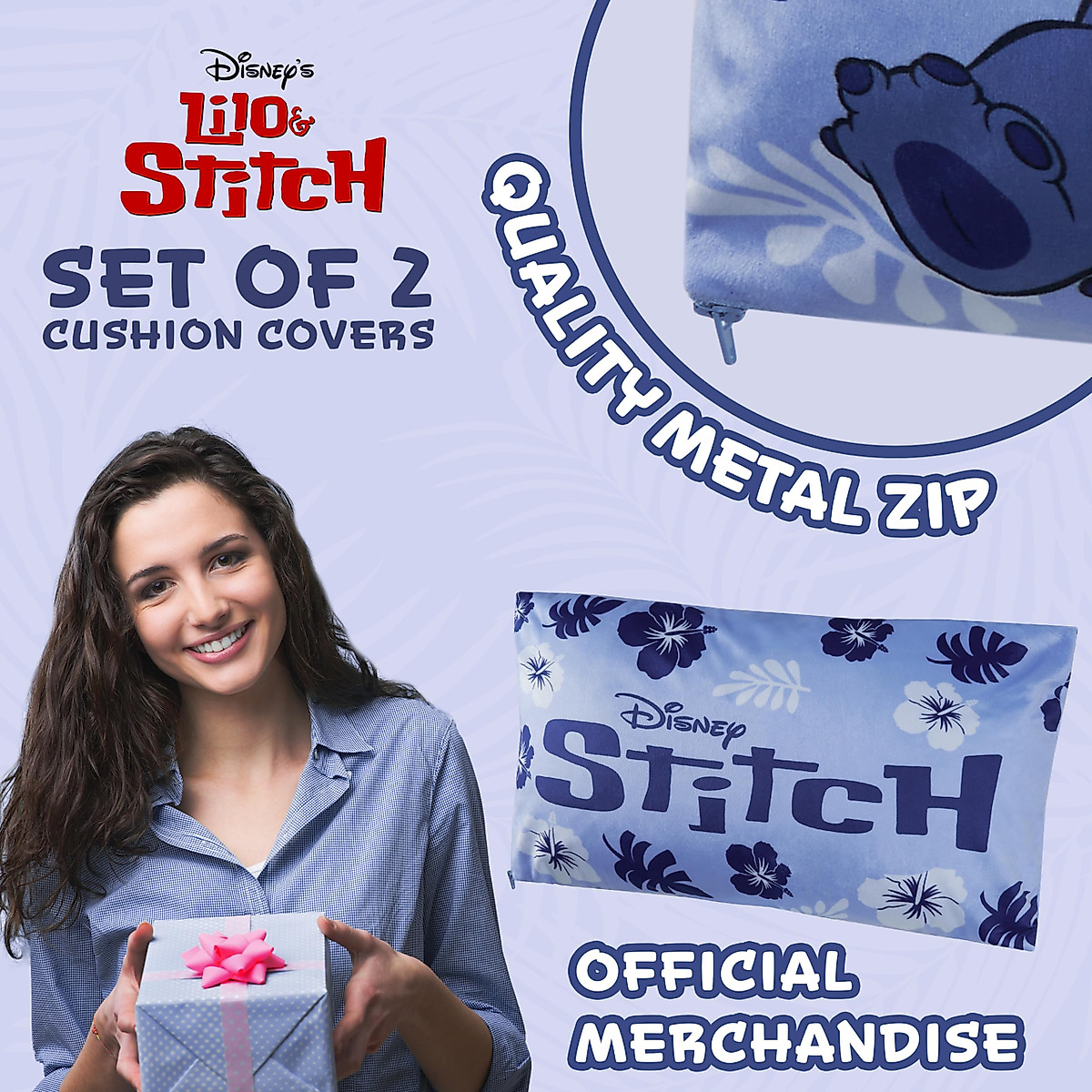 Disney Stitch Cushion Covers - Set of 2 Home Decor 50 x 30cm and 35 x 35cm Women Teenagers Kids Cushions - Stitch Gifts (Blue Stitch)