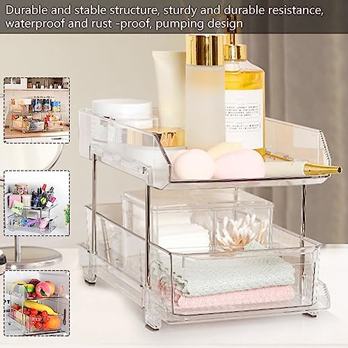 Frogued Desktop Rack 2 Tier Clear Organizer with Dividers, Multi-Purpose Slide-Out Storage Container for Bathroom and Kitchen Counter, Medicine Cabinet Storage Bins, Under Sink Closet Organization Cl