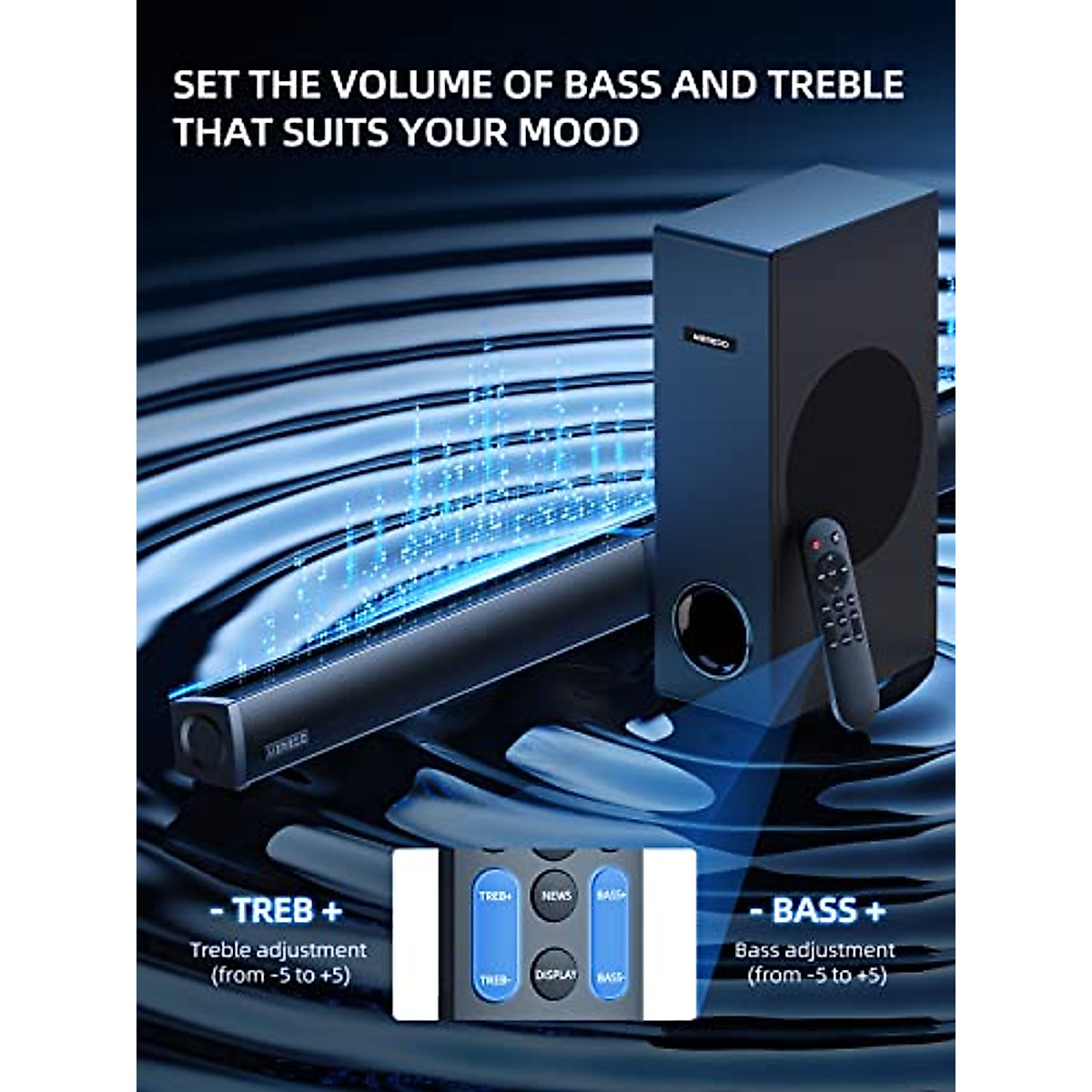 MEREDO Sound bar with Subwoofer 180W Detachable 2 in 1 Sound Bars for TV 2.1CH Treble & Bass Adjust 5 EQ Modes ARC/Optical/AUX/Bluetooth 12L Deep Bass for Home Theater Wall Mount-37 Inch