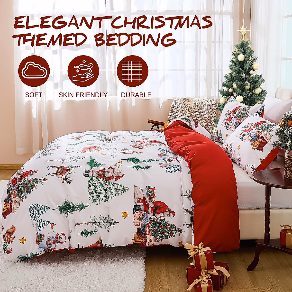 Christmas Duvet Cover Set Queen Size Santa Claus Snowman Christmas Tree Bedding Set, Microfiber Red Xmas Comforter Duvet Cover with Pillowcases Festive Winter Holiday Decor(Zipper Closure,90''x90'')
