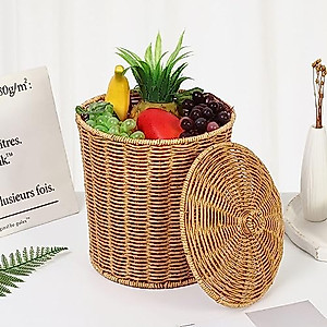 Woven Basket Trash Can Storage: Wastebasket Garbage Bin with Lid Rubbish Paper Storage Container for Home Bathroom Kitchens Laundry Utility Rooms