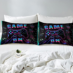 Gaming Bedding Set Full Size for Kids Boys Gamer Room Decor Gaming Comforter Cover Set Teens Bedroom Microfiber Soft Video Game Controller Gamepad Blue Green Bed Duvet Cover Set with 2 Pillowcase