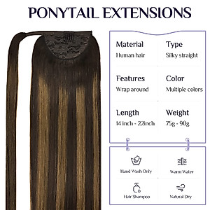 DOORES Hair Extensions Ponytail Extensions Human Hair Balayage Dark Brown to Chestnut Brown 18 Inch 80g Wrap Around Ponytail Remy Hair Extensions Clip in Straight with Magic Paste Heat Resistant