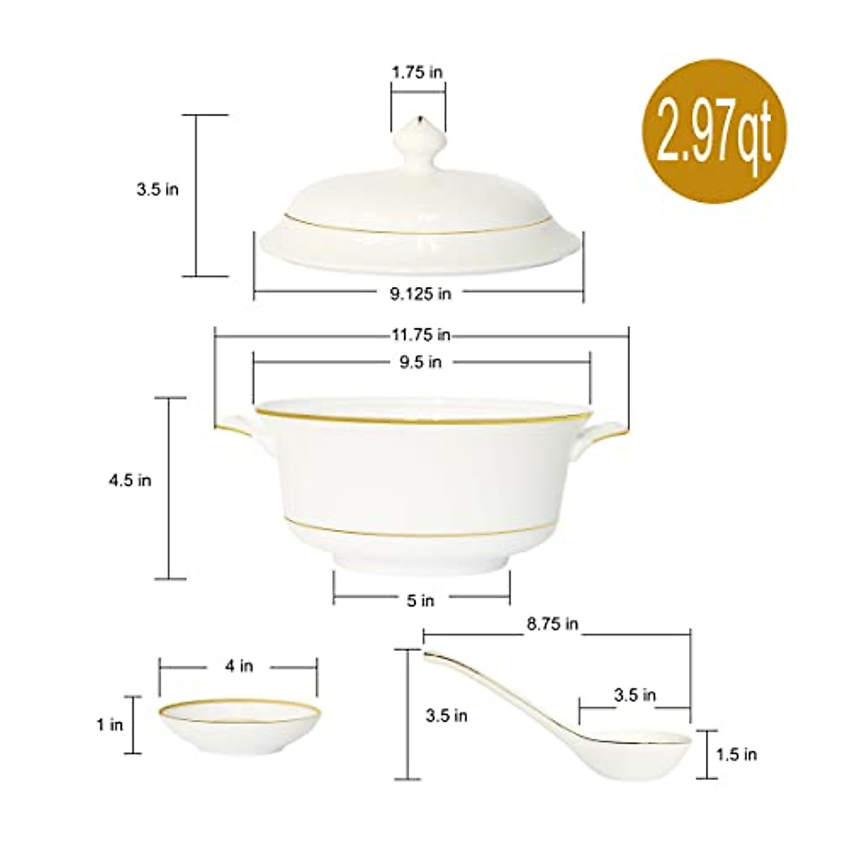Bone China Soup Tureen with lid, ladle and spoon rest, 2.97QT, Gold Rim, 4PC set, Big Serving Bowl, Elegant Ceramic Porcelain, White, Translucent, Modern, Simple and resistant, Greeting dinnerware