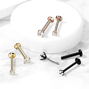 Dynamique CZ Prong Set Threadless Top PVD Over 316L Surgical Steel Push in Style Labret, Flat Back Stud (Sold Per Piece)