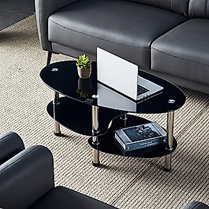 Oval-Shaped Glass Tea Table for Office, 3-Tier Modern Coffee Table, End Table for Living Room (Black)