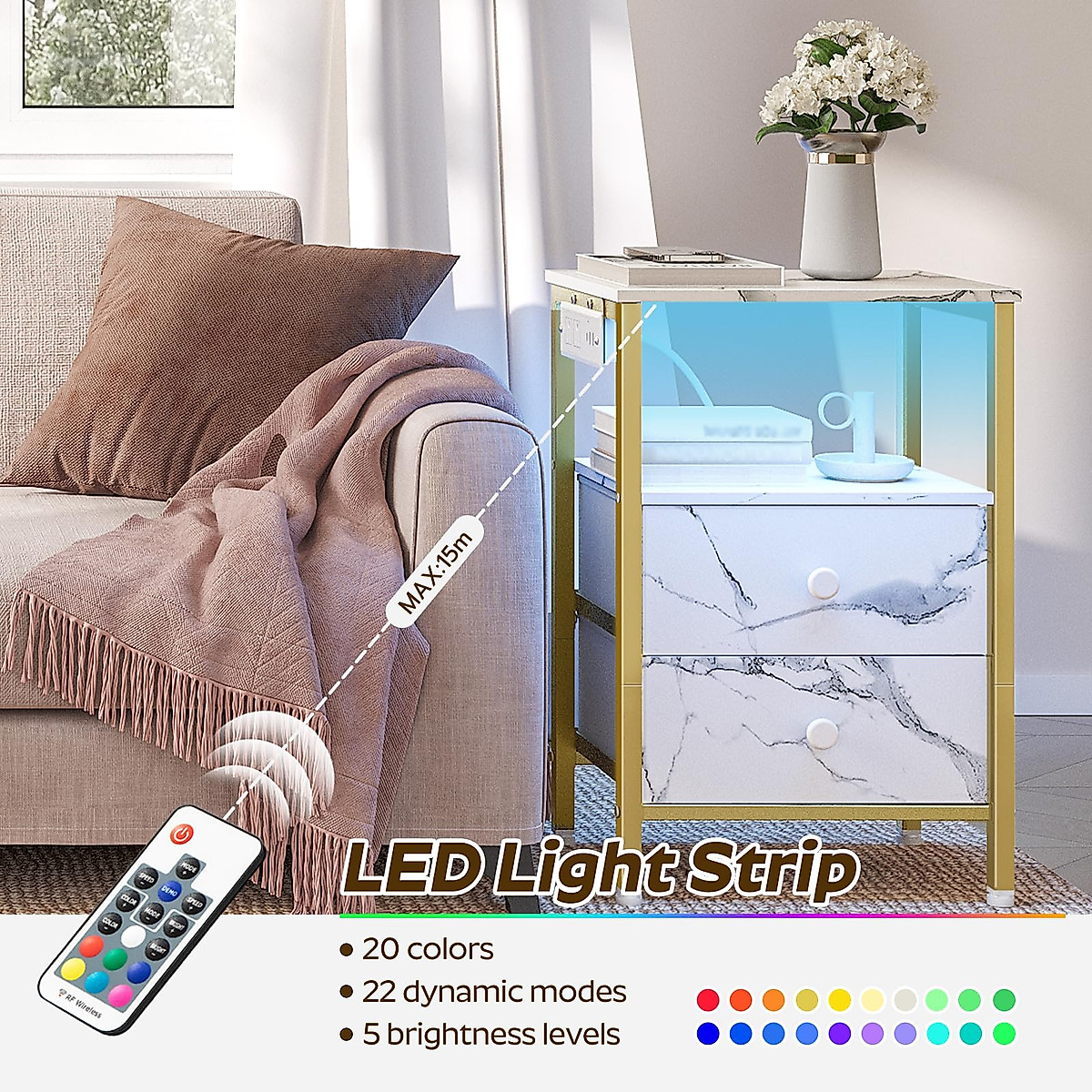 YATINEY Nightstands Set of 2 with Charging Station, End Table with LED Lights and Lazy Susan Organizer, Rotating Spice Rack, 2 Tier Spice Turntable Organizer ET12L2DM-SR22DW