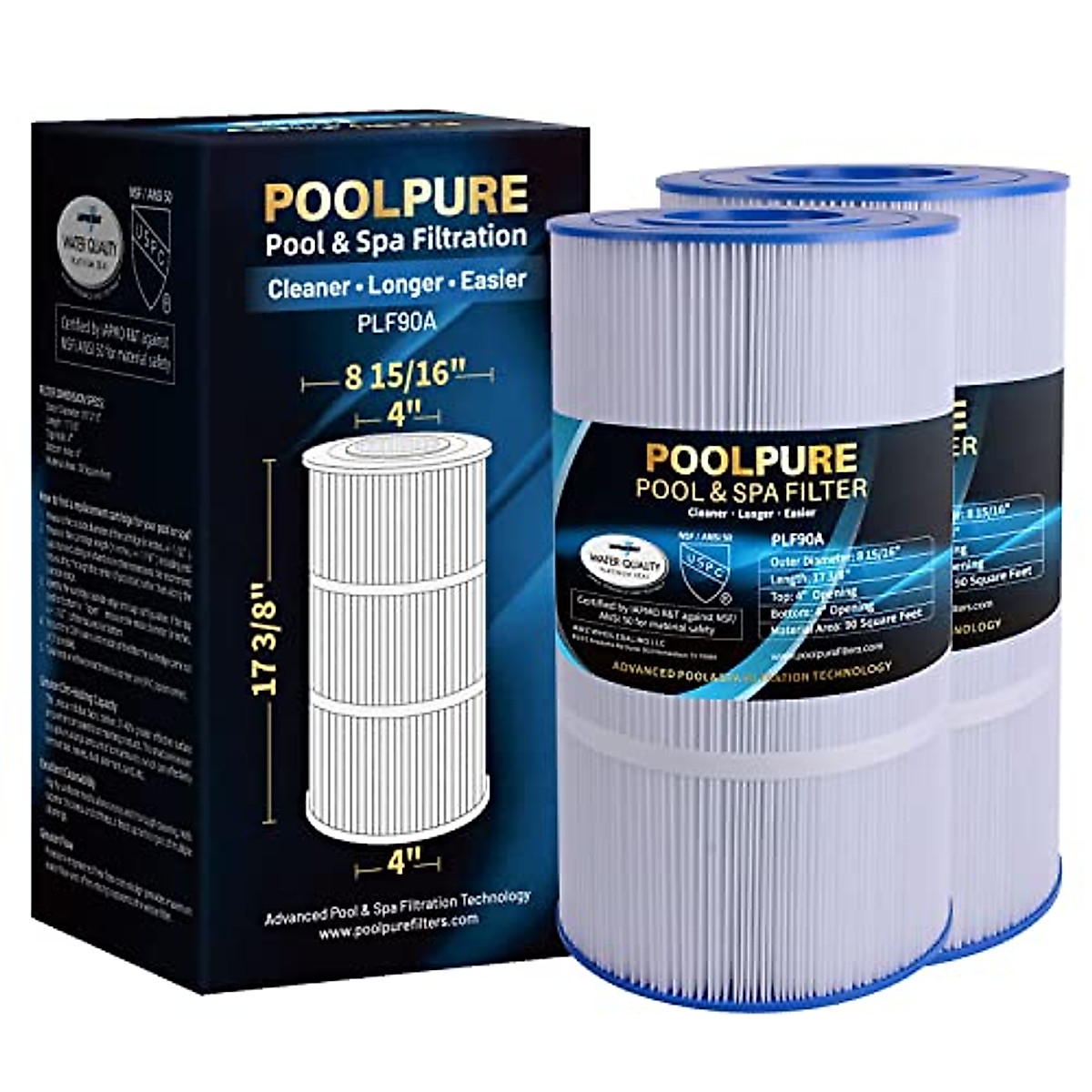 POOLPURE PLF90A Pool Filter Replaces Hayward C900, CX900RE, Pleatco PA90, Unicel C-8409, Filbur FC-1292, Sta-Rite PXC95, 90 sq.ft Cartridge, 2 Pack
