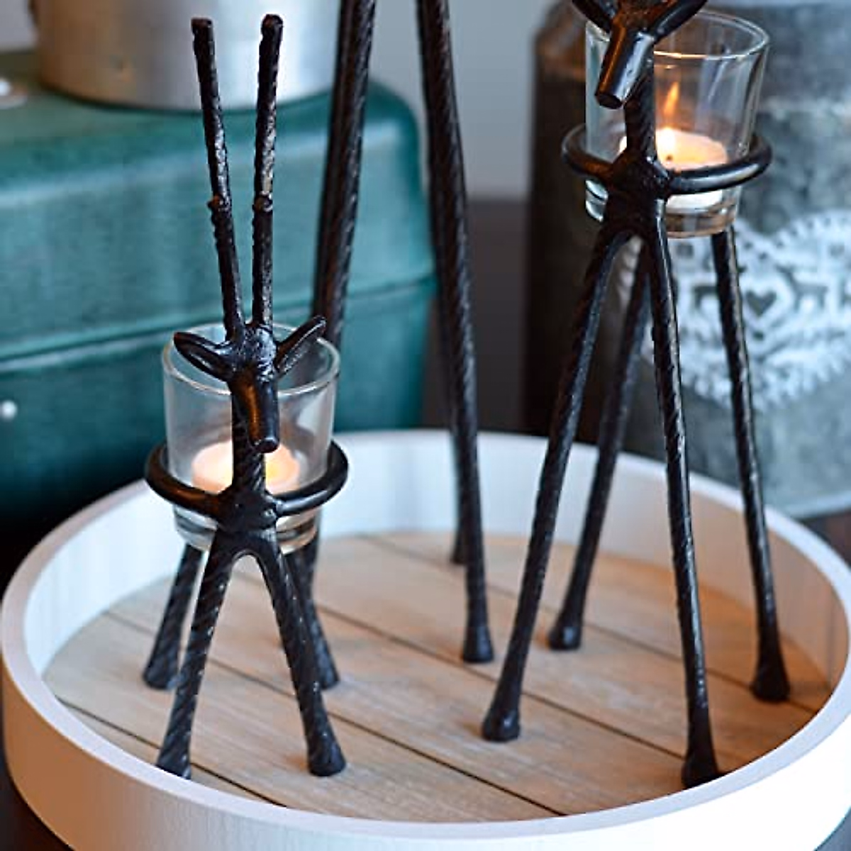Rustic Reindeer Votive Candle Holders, Set of 3, Handmade, Forged Black Aluminum, Glass Cups, 10.25, 14.25, and 20 Inches