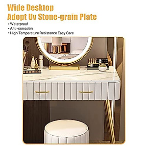 Large Vanity Desk With Round Mirror And Lights Makeup Table With 2 Drawers Dressing Table For Bedroom Golden Metal Legs Make Up Tables For Women Makeup Vanity Desk Set With Vanity Chair ( Color : Whit
