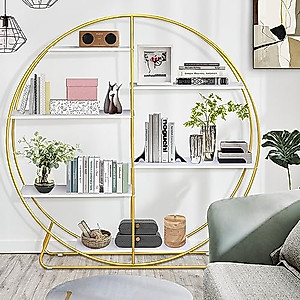 KNIGHTCRAFT White and Gold Bookshelf Circular Office Bookshelves 57" Tall Arched Book Shelves Open Etagere Bookcase Large Round Book Shelf for Living Room Modern Home Furniture