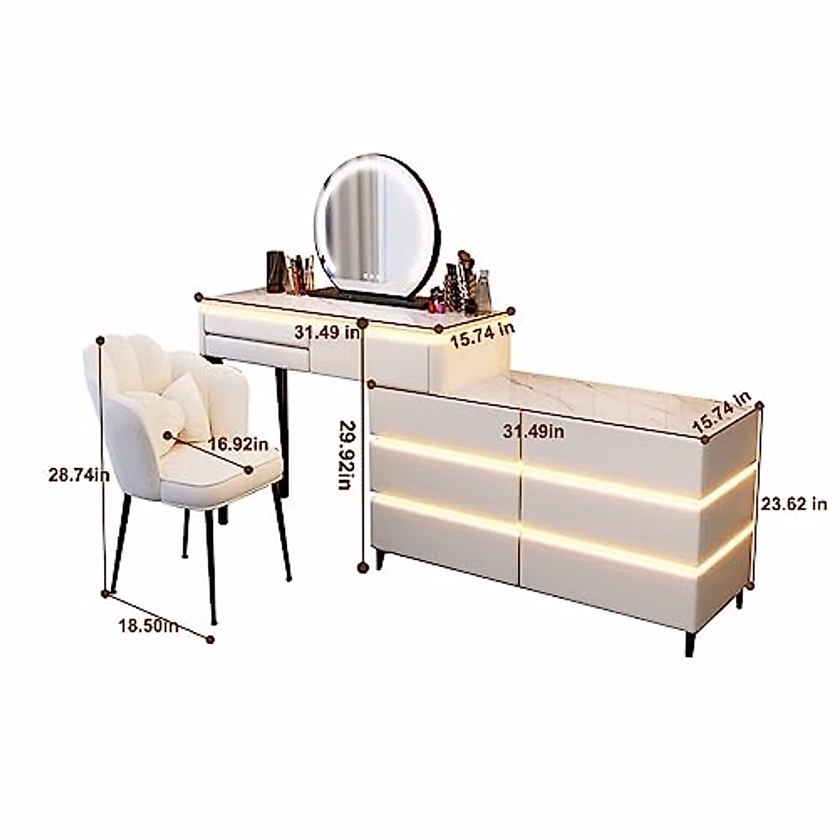 Attega Vanity Desk Set, Makeup Table with LED Lighted Mirror & Drawer Ambient Light, Dresser Desk with Side Cabinet & 9 Drawers Adjustable Dressing Table Set for Bedroom & Bathroom (White, 31.5 Inch)
