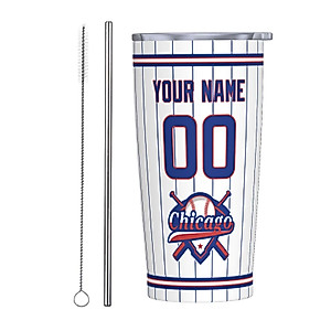 Chicago Custom Baseball 20oz Tumbler,Add Personalized Name And Number,Personalized Travel Coffee Mug, Stainless Steel, Insulated, Keep Drinks Cold And Hot,Gifts For Baseball Fans
