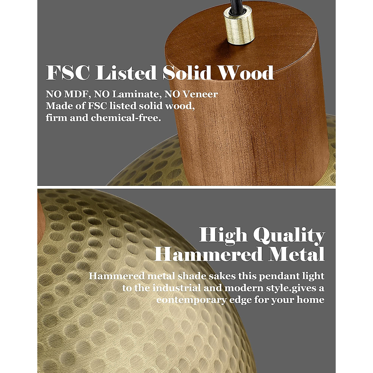 ELYONA 2 Pack Rubber Wood Hanging Lamp with Hammered Metal Shade & Rubber Wood Tripod Floor Lamp for Kitchen Island, Bar, Farmhouse Dining Room, Bedroom, Living Room