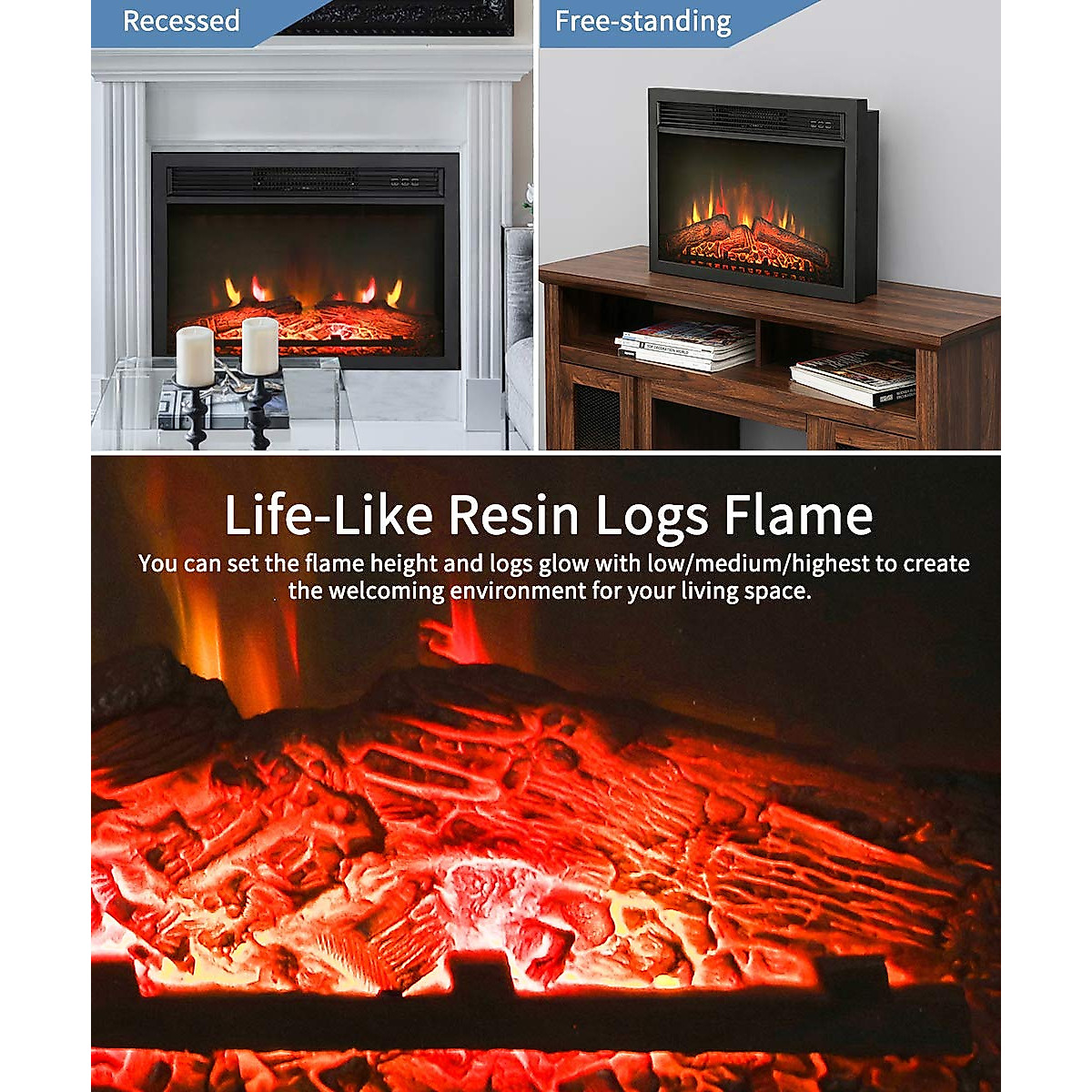 PatioFestival 24 Inch Electric Fireplace Insert 1400W Embedded&Freestanding Realistic Log Flame Effect Heater with Remote Control, 3 Adjustable Flame, Overheating Protection