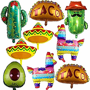 Fiesta Mexican Foil Balloons Party Decorations - 9PCS Mexico Taco Llama Cactus Avocado Foil Balloon Birthday Mexican Fiesta Theme Birthday Luau Party Decoration