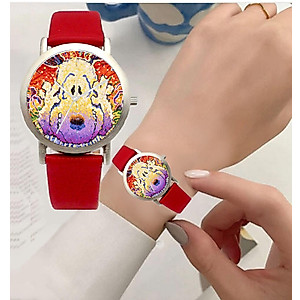 RICH Snoopy by Everhart Featuring Tom Everhart's Image of Snoopy in Nobody Barks in L.A. On The Unisex Size Brushed Chrome Watch with A Red Leather Strap
