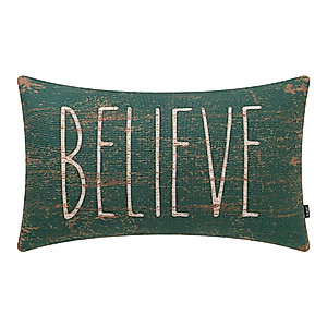 TRENDIN Merry Christmas Throw Pillow Cover 20 x 12 mas Decorations Cotton Linen Winter Green Believe Season Holiday Cushion Cover for Christmas Decor Sofa Couch PL592TR