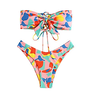 ZAFUL Knotted Bandeau Bikini for Women Strapless Swimsuits High Cut Bathing Suit Sexy 2 Piece Swimwear Pink Print M